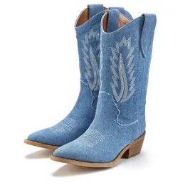Cowboy Boots Lascana, Damen, Gr. 38, blau (denimblau), Obermaterial: 95% Textilmaterial, 5% Rindsleder. Futter: 100% Lederimitat. Decksohle: 100% Lederimitat. Laufsohle: 100% Synthetik, unifarben, Casual, Schuhe Cowboystiefel Schlupfstiefel, Cowboy Stiefelette, Western Stiefelette, Ankleboots im Denim-Look