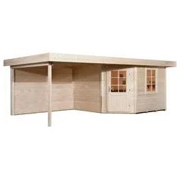 Gartenhaus Weka "Designhaus 213 Plus", beige (naturbelassen), Fußboden im Gartenhaus, Rückwand, Gartenhäuser, mit Anbaudach und Rückwand
