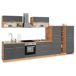 Küchenzeile KOCHSTATION "KS-Wien", grau (küche: grau, front: anthrazit, korpus: wotaneichefarben, arbeitsplatte: wotaneichefarben), B:410cm T:60cm, Komplettküchen-Sets, Küchenzeile, Breite 410 cm, wahlweise mit E-Geräten