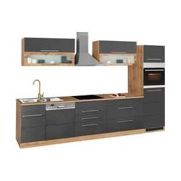 Küchenzeile KOCHSTATION "KS-Wien", schwarz (küche: grau, front: anthrazit, korpus: wotaneichefarben, arbeitsplatte: wotaneichefarben), B:350cm T:60cm, Komplettküchen-Sets, Küchenzeile, Breite 350 cm, wahlweise mit E-Geräten und Induktion