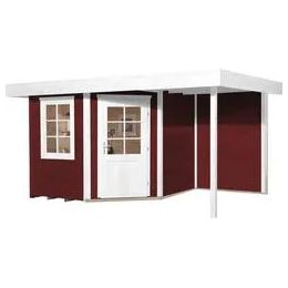 Gartenhaus Weka "Designhaus 213 Plus", rot (rot, weiß), Fußboden im Gartenhaus, Rückwand, ohne Dacheindeckung, Holzwerkstoff, Gartenhäuser, mit Anbaudach und Rückwand
