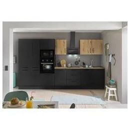 Küchenzeile BASIC BY BALCULINA "Turin", schwarz (küche: schwarz, korpus: schwarz matt woodprint, arbeitsplatte: artisan eichefarben), B:360cm H:211cm T:60cm, Komplettküchen-Sets, Küchenzeile, Breite 360 cm, wahlweise mit E-Geräten