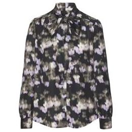 Schluppenbluse Lascana, Damen, Gr. 38, bunt (schwarz, flieder bedruckt), Satin, Obermaterial: 100% Polyester, bedruckt, Modisch, figurumspielend hüftbedeckend, Rundhals, 2-Knopf-Manschette, Blusen, aus Satin