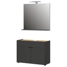 Badmöbel-Set Germania "Ameca", grau (graphit, navarra, eiche, nachbildung), B:80cm H:200cm T:34cm, Glas, Spanplatte, Kastenmöbel-Sets, Badezimmer-Set bestehend aus Waschbeckenunterschrank & Spiegel