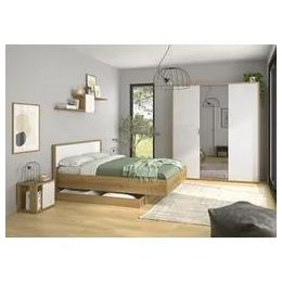Einzelbett GAMI, weiß (helvezia eiche nachbildung, weiß, helvezia eiche nachbildung, weiß, helvezia eiche nachbildung), B:200cm H:93cm L:204cm, Betten, Bettgestell, Kopfteil mit Relief