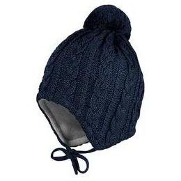 Strickmütze MaxiMo, Baby, Gr. 53, blau (marine), Strick, Wolle, Zopfmuster, unifarben, Mützen, mit Zopfstrickmuster mit Pompon und Bindeband