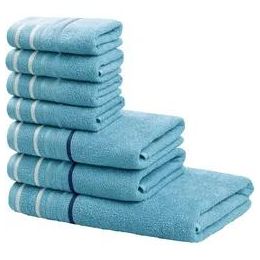 Handtuch Set my home "Niki, Duschtuch, Handtücher und Gästetücher", petrol, 7, Walkfrottee, Obermaterial: 100% Baumwolle, Handtuch-Sets, Handtücher mit mehrfarbiger Streifenbordüre, aus 100% Baumwolle, weich