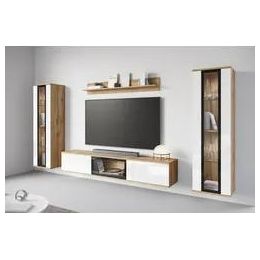 Wohnwand Inosign "Caro, stehend und hängend montierbar", braun (eichefarben votan, weiß hochglanz), B:262cm H:142cm T:33cm, Holzwerkstoff, Kastenmöbel-Sets, grifflose Design, höhenverstellbare Einlegeböden