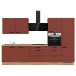 Küchenzeile Nobilia ""Easytouch II"", rot (küche: rot, korpus: eiche sierra nachbildung, arbeitsplatte: eiche sierra nachbildung), B:330,3cm H:216,6cm T:60cm, Komplettküchen-Sets, vormontiert, Ausrichtung wählbar, Breite 330 cm, wahlw. mit E-Geräten