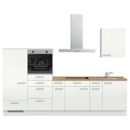Küchenzeile Nobilia ""Laser I", Ausrichtung wählbar, Breite 300 cm", weiß (küche: weiß, korpus: alpinweiß, arbeitsplatte: eiche havanna nachbildung), B:300,3cm H:216,6cm T:60cm, Komplettküchen-Sets, vormontiert, wahlw. mit unterschiedlichen E-Geräten-Sets
