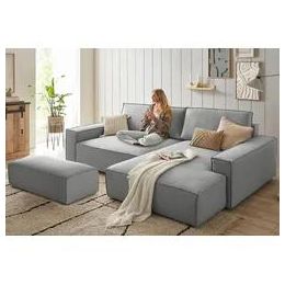 Polsterecke Home Affaire "NEU: SHERWOOD XXL tief, L-Form mit Schlaffunktion, Big-Sofa mit Hocker", silber (silbergrau), B:284cm H:90cm T:135cm, 100% Polyester, Sofas, stellbar zum Schlafsofa (Krokodilverbinder), Cord, Leinenoptik
