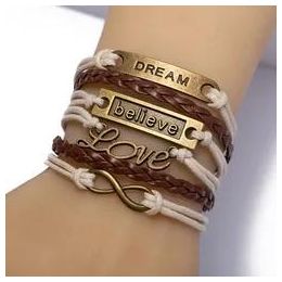 Armband Firetti "Schmuck Messing Leder DREAM believe Love Infinity Unendlichkeit", grau (messingfarben), Armbänder, 23cm, Leder Messing, Leder, Messing, Made in Germany