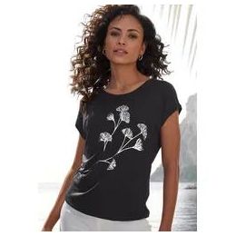 Kurzarmshirt Lascana "mit schimmerndem Blumenprint", Damen, Gr. 32/34, schwarz, Single Jersey, Obermaterial: 95% Viskose (LENZINGTM ECOVEROTM), 5% Elasthan, bedruckt, Casual, bequem normal, Rundhals, mit Aufschlag, Shirts, aus elastischer Viskose-Qualität