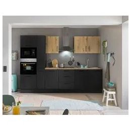 Küchenzeile BASIC BY BALCULINA "Turin", schwarz (küche: schwarz, korpus: schwarz matt woodprint, arbeitsplatte: artisan eichefarben), B:300cm H:211cm T:60cm, Komplettküchen-Sets, Küchenzeile, Breite 300 cm, wahlweise mit E-Geräten