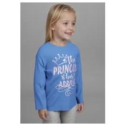 Langarmshirt Kidsworld "mit Glitzerprint: PRINCESS HAS ARRIVED", Mädchen, Gr. 116/122, blau, Single Jersey, Obermaterial: 100% Baumwolle, bedruckt, Basic hüftbedeckend, Rundhals, Shirts, Sprücheshirt, Glitzershirt für kleine Prinzessinnen