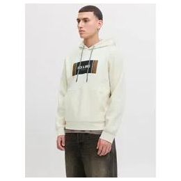 Jack & Jones Kapuzensweatshirt JACK & JONES "JJHAYATO SWEAT HOOD BTS", Herren, Gr. XXL, weiß (antique weiß), angeraute Sweatware, Obermaterial: 60% Baumwolle, 40% Polyester, bedruckt, regular fit normal, Rippbündchen, Sweatshirts