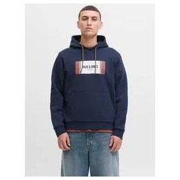 Jack & Jones Kapuzensweatshirt JACK & JONES "JJHAYATO SWEAT HOOD BTS", Herren, Gr. XL, blau (navy blazer), angeraute Sweatware, Obermaterial: 60% Baumwolle, 40% Polyester, bedruckt, Modisch, regular fit normal, Rippbündchen, Sweatshirts