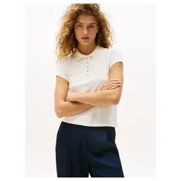 Poloshirt Tommy Hilfiger "GOLD BUTTON SLIM SS POLO", Damen, Gr. XXL (44), beige (ivory silk), Single Jersey, Obermaterial: 96% Baumwolle, 4% Elasthan, unifarben, slim fit, Shirts, mit goldfarbenen Knopf