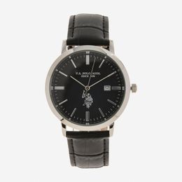 Silberfarbene Armbanduhr mit schwarzem Lederband