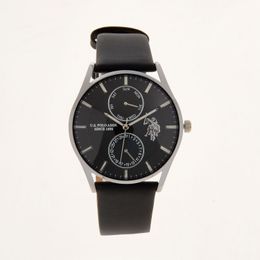 Silberfarbene Armbanduhr mit schwarzem Lederband