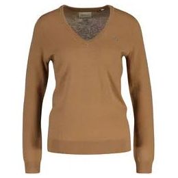 V-Ausschnitt-Pullover Gant "EXTRAFINE LAMBSWOOL V-NECK", Damen, Gr. XXL, warm khaki, Strick, Obermaterial: 90% Wolle, 10% Polyamid, V-Ausschnitt, Rippbündchen, Pullover