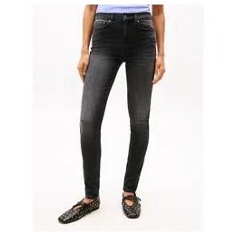 Skinny-fit-Jeans Tommy Jeans "NORA MR SKNY AH1280", Damen, Gr. 31, Länge 30, schwarz (denim schwarz), Denim/Jeans, Obermaterial: 72% Baumwolle, 21% Modal, 5% Polyester, 2% Elasthan, unifarben, skinny fit knöchellang, Jeans, mit Logo-Badge