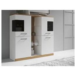 Highboard Home Affaire "Ribe,120cm breit,112cm hoch,Oberplatte massiv,12 Fächer", weiß (weis, eiche), B:120cm H:112cm T:35cm, FSC-zertifizierter Holzwerkstoff, Massivholz, Sideboards, Oberplatte Massivholz,schwarze Metall Griffe,2 Türen mit Glaseinsatz