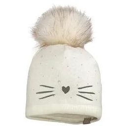 Beanie MaxiMo, Baby, Gr. 47, weiß (wollweiß), Strick, Baumwolle, bestickt, Mützen, mit Bommel, mit Stickerei, zweifarbig, wärmend