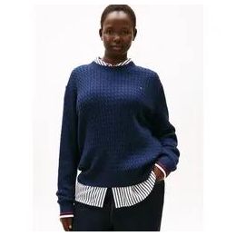 Strickpullover Tommy Hilfiger Curve "CRV CO CABLE FINE GG C-NK LS SWT", Damen, Gr. 54, schwarz night navy gs tipping, Strick, Obermaterial: 100% Baumwolle, Casual, figurbetont normal, Rundhals, Rippstrickbündchen, Pullover, in großen Größen, mit Zopfmuster