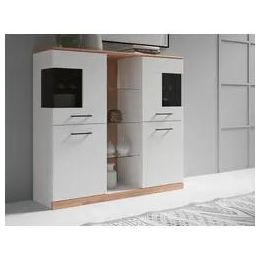 Highboard Home Affaire "Ribe,120cm breit,112cm hoch,Oberplatte massiv,12 Fächer", weiß (weiß, kernbuche), B:120cm H:112cm T:35cm, FSC-zertifizierter Holzwerkstoff, Massivholz, Sideboards, Oberplatte Massivholz,schwarze Metall Griffe,2 Türen mit Glaseinsatz
