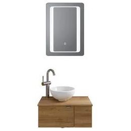 Badmöbel-Set SAPHIR "Serie 6915", braun (riviera eiche, riviera eiche), B:61cm H:200cm T:35cm, Kastenmöbel-Sets, Gäste-Bad, 61 cm breit, mit LED-Spiegel, offenem Fach und 2 Türen