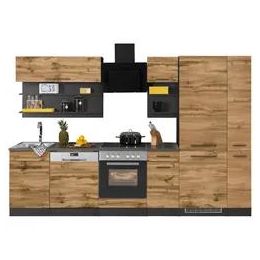 Küchenzeile KOCHSTATION "KS-Tulsa", braun (küche: natur, korpus: grafit, arbeitsplatte: anthrazit), B:300cm T:60cm, Komplettküchen-Sets, mit E-Geräten, Breite 300 cm, schwarze Metallgriffe, MDF Fronten