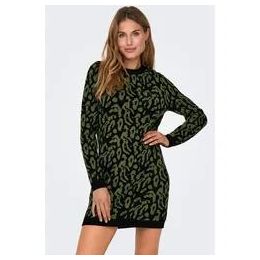 Strickkleid Only "ONLJENNI LS ANIMAL DRESS EX KNT", Damen, Gr. XL, N-Gr, schwarz pattern:olive night leo, Strick, Obermaterial: 50% Viskose, 27% Nylon, 23% Polyester, gemustert, Modisch, regular fit ca. Mitte Oberschenkel, Rundhals, Kleider