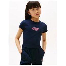 T-Shirt Tommy Hilfiger "BUTTERFLY GRAPHIC TEE SS", Mädchen, Gr. 3 (98), blau (schwarz night navy), Single Jersey, Obermaterial: 93% Baumwolle, 7% Elasthan, unifarben, regular fit hüftbedeckend, Rundhals, Shirts, für Kinder bis 16 Jahre, mit glänzendem Druck