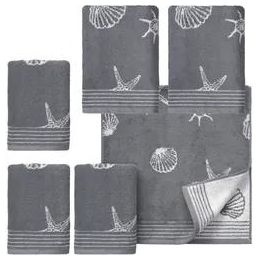 Handtuch Set Dyckhoff "Seashell", grau, 6 Stk., Walkfrottee, Obermaterial: 100% Baumwolle, Handtuch-Sets, mit Muschelmuster; 4 Handtücher (50x100cm), 2 Duschtücher (70x140cm)