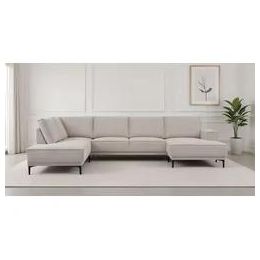 Wohnlandschaft Places of Style "XXL Sofa Oland, Struktur, Flachgewebe, Luxus-Microfaser, Boucle", sand, B:345cm H:85cm T:210cm, 92%PES 8%NY, Sofas, U-Form, 345 cm, Wellenunterfederung, Skandi-Design, Metallfüße