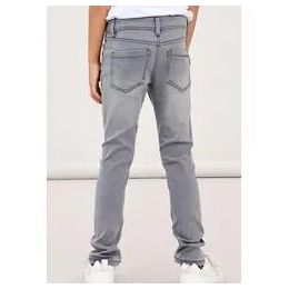 Stretch-Jeans name it "NKMSILAS für Jungen mit verstellbarem Bund und schlanker Form", Jungen, Gr. 158, N-Gr, medium grau denim, Denim/Jeans, Obermaterial: 71% Baumwolle, 27% Polyester, 2% Elasthan, Abriebeffekte, Modisch, slim fit normal, Jeans, slim fit, Denim, Abriebeffekte, angesetztes Bündchen