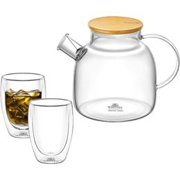 Wilmax Teekanne 1,2L mit Bambusdeckel & 2 Teegl&auml;ser 400 ml &ndash; Hitzebest&auml;ndiges Teeset