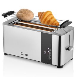 Zilan Edelstahl Langschlitz Toaster mit Br&ouml;tchenaufsatz und Kr&uuml;melschublade 1400 W
