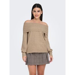Carmenpullover Only "ONLJEANETT LIFE L/S OFF SHOULDER CC KNT", Damen, Gr. S (36), beige (humus detail:melange), Strick, Obermaterial: 88% Polyester, 6% Elasthan, 6% Nylon, meliert, Modisch, regular fit, Pullover