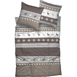 Bettwäsche CASATEX "Garmisch", beige, B/L: 135cm x 200cm, 1 Stk., 1 Stk., Biber, B/L: 80cm x 80cm, 2 Stk., Biber, Obermaterial: 100% Baumwolle, Bettwäsche, schöne Hirschmotive, Herzen und Schneekristallen