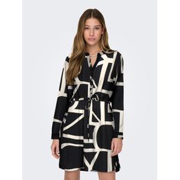 Druckkleid Only "ONLCORY LIFE L/S V-NECK TUNIC WVN NOOS", Damen, Gr. XS (34), N-Gr, schwarz (schwarz aop:birch logo), Web, Obermaterial: 100% Polyester, bedruckt, Modisch, ca. Mitte Oberschenkel, V-Ausschnitt, Kleider, Sommerkleid