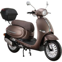 Motorroller Alpha Motors "Cappucino 50 ccm 25 km/h EURO 5 mattbraun inkl. Topcase", braun (braun, braun), Motorroller, 25 km/h, mit USB-Anschluss und Lenkerschloss, LED-Leiste vorne und hinten, B:69cm H:118cm L:190cm