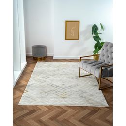 Teppich "My Type", beige (cream, hellgrau, weiß), B:160 H:10 L:230, Polyester, MyFlair MÖBEL & ACCESSOIRES, Teppiche, Fransenteppich, Kurzflor, Ethno-Style, besonders weich durch Microfaser, mit Fransen