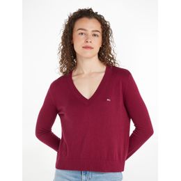 Strickpullover Tommy Jeans "TJW ESSENTIAL VNECK SWEATER EXT", Damen, Gr. S (36), lila (valley lila melange), Strick, Obermaterial: 53% Baumwolle, 40% Viskose, 7% Polyamid, meliert, regular fit hüftlang, V-Ausschnitt, Bündchen, Pullover, mit Logostickerei
