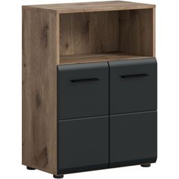 Stauraumschrank Inosign "FLORENZ, TOPSELLER, Breite 60 cm, 2 Türen, 1 Fachboden, 1 offene Fach", nox oak nb, schwarz matt, B:60cm H:80cm T:30cm, FSC-zertifizierter Holzwerkstoff, MDF, Schränke, hochwertige MDF Front, Griff schwarz, Badschrank, Bad
