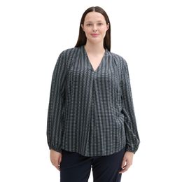 Langarmbluse Tom Tailor PLUS, Damen, Gr. 50, blau (contemporary navy check), Obermaterial: 100% Viskose, gemustert, Casual, regular fit taillenbedeckt, V-Ausschnitt, elastischer Bund, Blusen, mit Muster