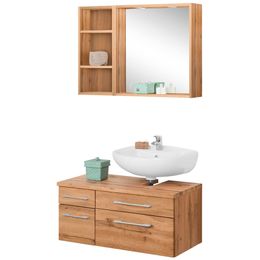 Badmöbel-Set Welltime "Davos", braun (eichefarben), Siphonausschnitt rechts, Holzwerkstoff, MDF, Melamin, Kastenmöbel-Sets, Spiegel inklusive Beleuchtung, Regal und Waschbeckenunterschrank