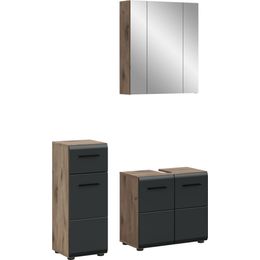 Badmöbel-Set Inosign "FLORENZ, TOPSELLER, 3-teilige Badkombination, hochwertige MDF-Front", nox oak nb, schwarz matt, B:105cm H:185cm T:30cm, Holzwerkstoff, MDF, Kastenmöbel-Sets, Bad-Kombination, Bad-Möbel, Badezimmer, Kombination, Kombi