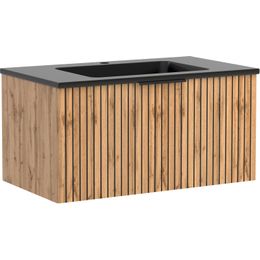 Badmöbel-Set Welltime "Welltime, Carlton Waschtisch-Set, 80 oder 120 cm, gestreift", schwarz (wotnaeiche, schwarz), Set 10: 2tlg. Waschtisch-Set 80cm: Spiegelschrank 80cm und Waschtischmit schwarzem Auflagebecken, Spanplatte, Kastenmöbel-Sets